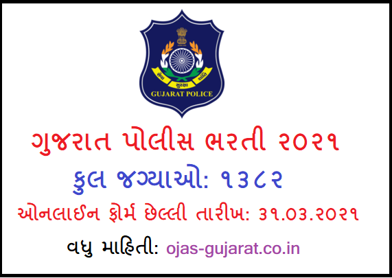 Gujarat Police Bharti 2021 Apply Online for 1382 Posts at OJAS